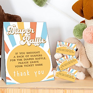 YKYENR Diaper Raffle Baby Shower Party, Diaper Raffle Game Kit，1 Diaper Raffle Standing Sign & 50 Tickets，Retro Pop Theme Baby Shower Decorations，Party Favor And Supplies-NBLK-A02