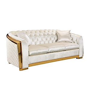 kevinplus 81'' Velvet Chesterfield Sofa Couch for Living Room, Modern Tufted Upholstered 3-Seat Sofa Couch with Stainless Steel Gold Plating Decoration for Apartment Office, Beige & Gold