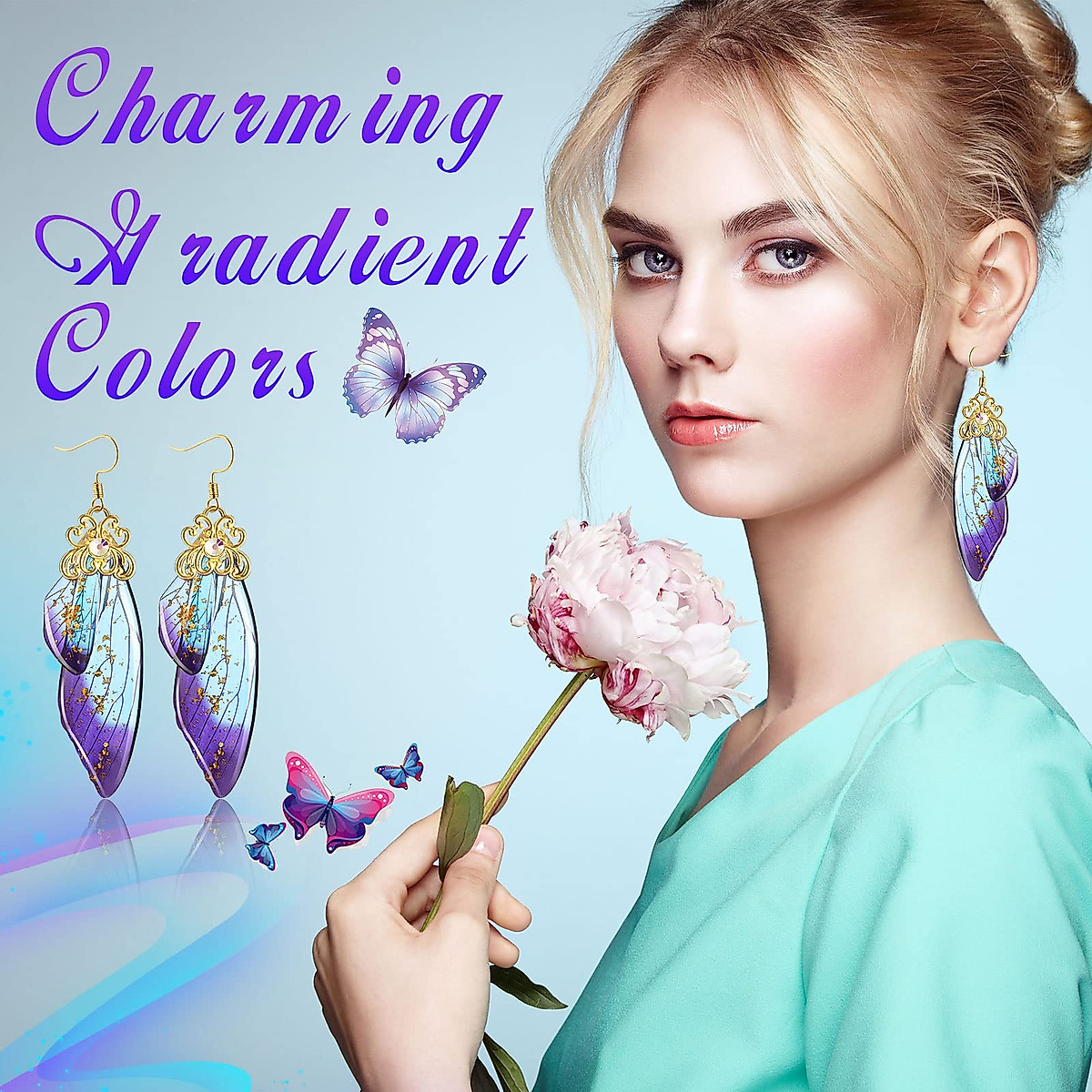 Fumete Butterfly Wing Drop Earrings, 10 Pairs, Alloy, Gold Foil, Lightweight, Summer Collection, Wedding, Formal, Special Occasions