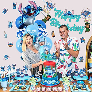 Blue Party Decorations- Cartoon Theme Party Supplies with Banner, Cake Cupcake Toppers, Balloons, Hanging Swirls for Boys Girls Kids Happy Birthday Party Decorations