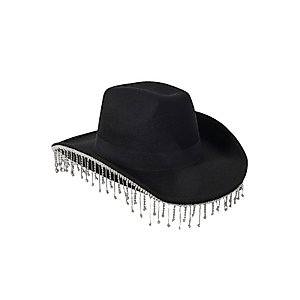 QWINEE Western Cowboy Hat Cowboy Hat with Rhinestone Tassel Decor Halloween Cow Fedora Hat Costume Accessories for Women Men Black one-Size