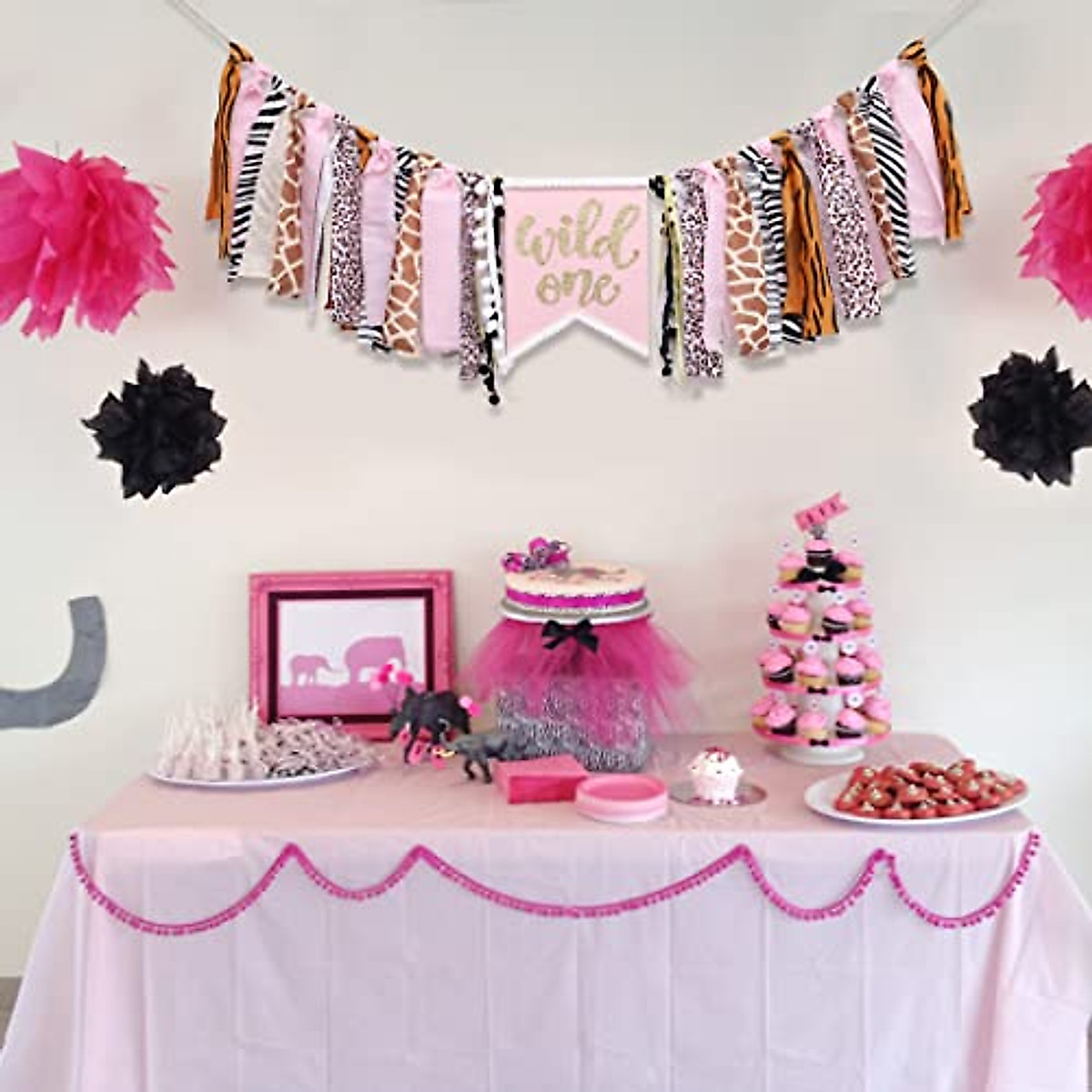 Girls Wild One High Chair Banner - Pink Jungle Birthday Banner - Girls Animal Print 1st Birthday Banner - Shes A Wild One Birthday Decorations Girl - Best Wild One Birthday Party Supplies