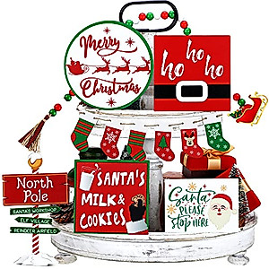12 Pieces Christmas Tiered Tray Decor Christmas Santa Claus Table Decor Rustic Table Centerpiece Christmas Wooden Signs Farmhouse Tiered Tray Country Decor for Home Room Table Fireplace (Santa Claus)