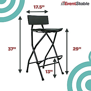 EventStable TitanPRO Folding Bar Stool with Backrest - Black Metal Frame Stool with Back Support - Durable and Sturdy Folding Stool for Outdoor Kitchen Shop Cafe - 2 Pack