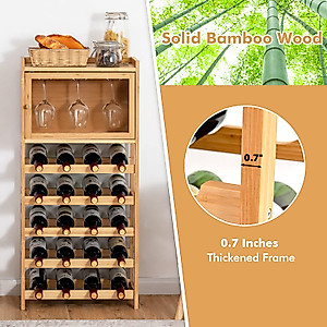 GOFLAME Floor Bamboo Wine Rack Cabinet, 20 Bottles Freestanding Wine Bottle Organizer with Glass Holder and Large Tabletop, Wine Display Storage Shelves for Dining Room, Kitchen, Pantry, Cellar, Bar