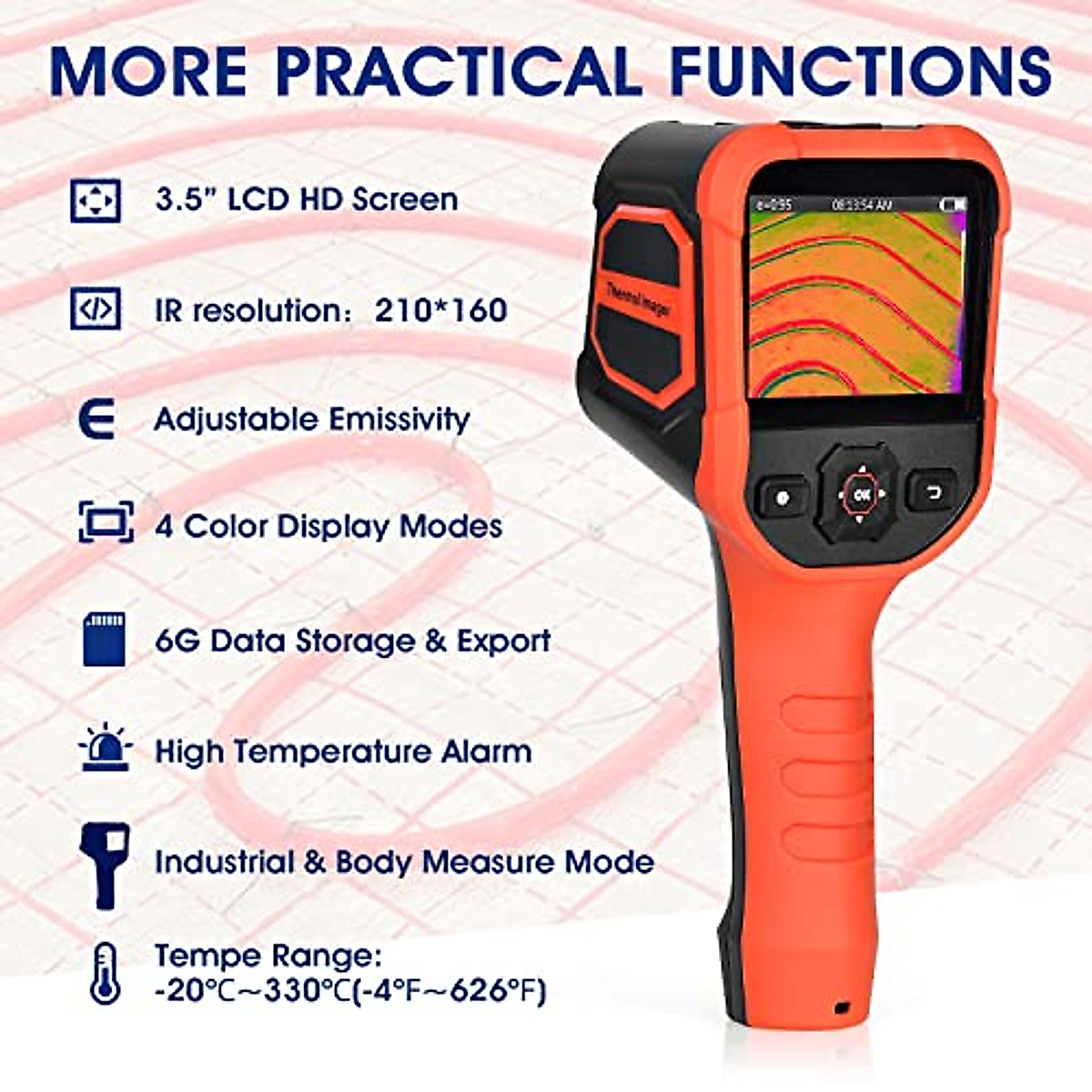 Thermal Imaging Camera, 206x156 IR (32000 Pixels) Resolution Handheld Thermal Imager, Rechargeable Infrared Camera Detector Gun w/3.5 Inch HD Screen & 6G Micro SD Card,Temper Measure Range -20°C~330°C