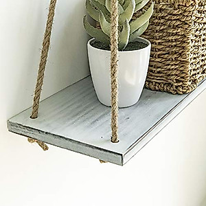 ASLINY [Set of 2 Distressed Wood Hanging Swing Rope Floating Shelves (Rustic White)