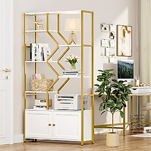 Keyluv 76" Tall Gold Bookshelf with Storage Cabinet Door, Multifunctional Open Display Bookcase, Large Book Shelf Etagere Staggered for Living Room, Home Office, Heavy Duty Metal & Wood, Modern White