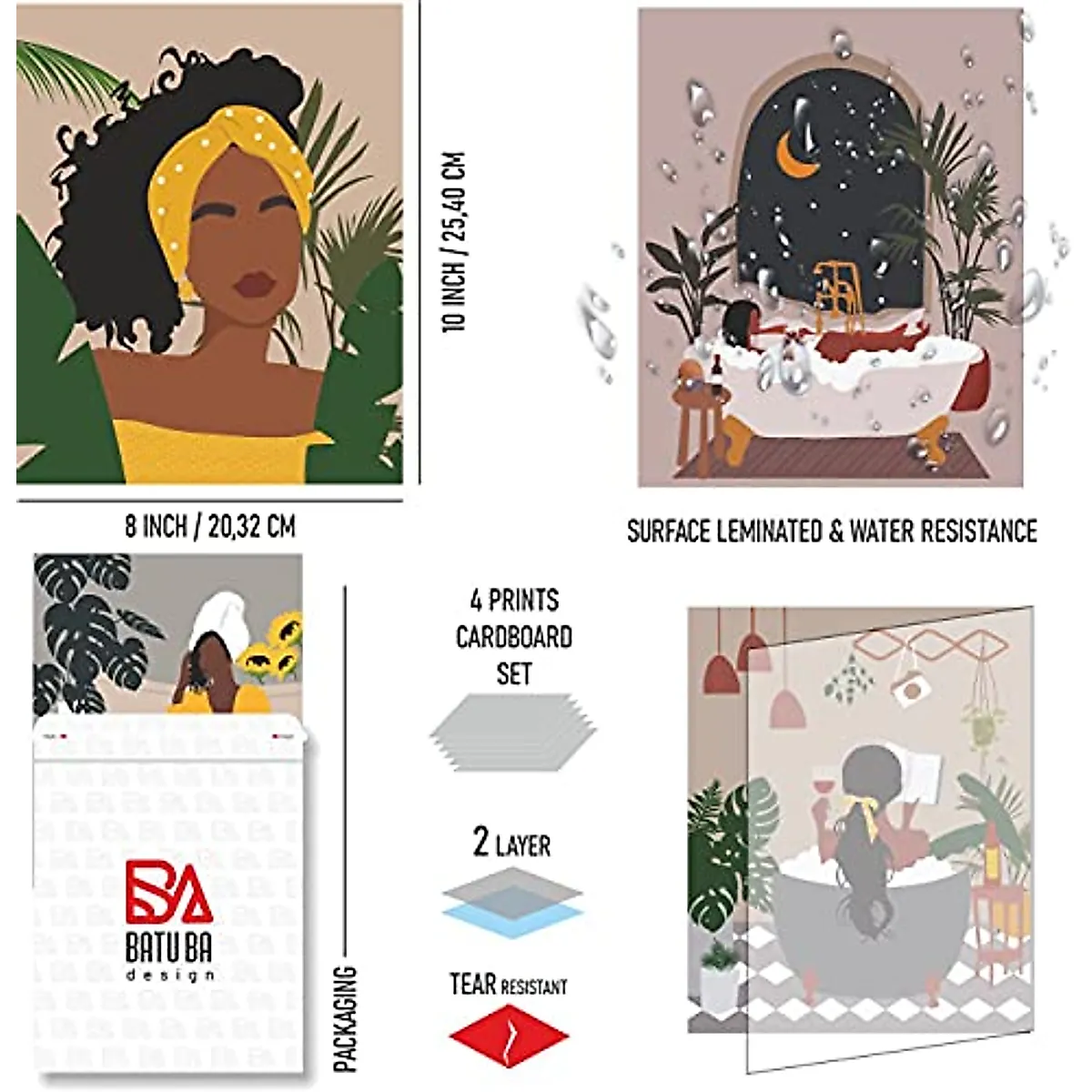 African American Wall Art, Black Woman Wall Decor, Set of 4 FRAMELESS (8''x10''), Black Woman Art, Black Woman Poster for Bathroom Decor, Black Woman Pictures Wall Art, Picture of Woman, Black Woman Poster for Walls, African Woman Bathroom Decor, African