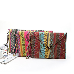 DukeTea Bohemian Oversized Clutch Purse, Large Canvas Envelope Evening Wristlet Bag Pink