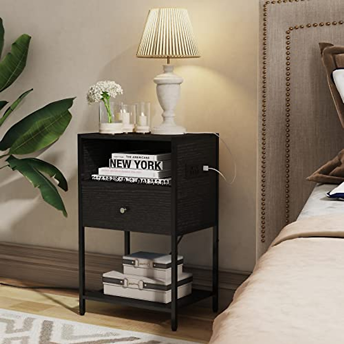 LDTTCUK Nightstand with Charging Station, Modern End Table with Drawer, Bedside Table with Open Storage for Bedroom,Black