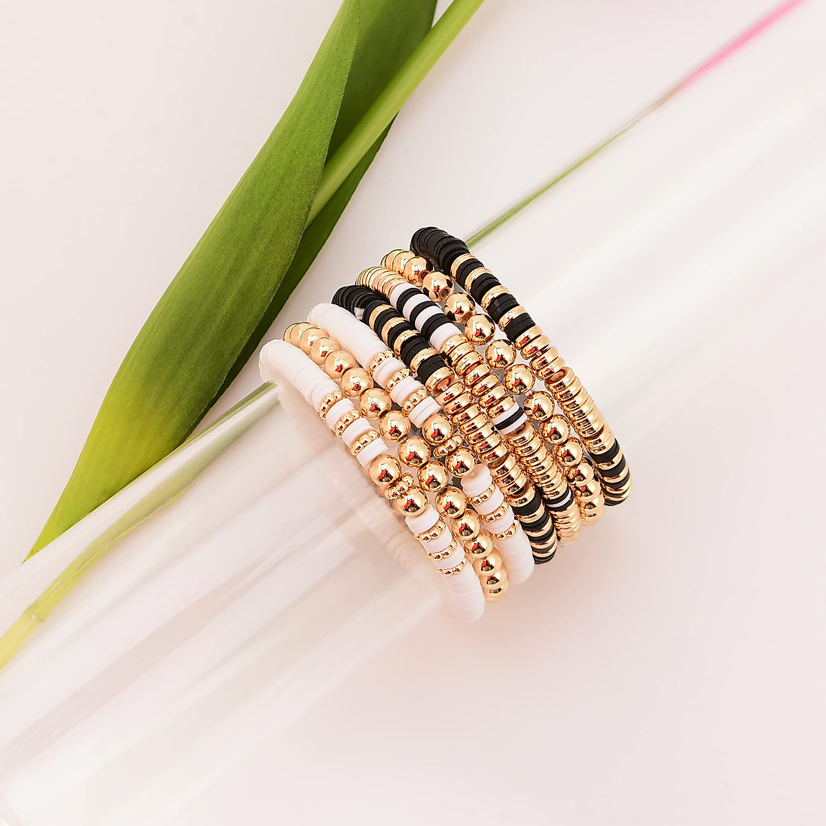 Pychee Surfer Heishi Bracelets Set for Women Stackable Gold Clay Ploymer Bead Stretch Bracelets Summer Beach Layering Black Bracelets Jewelry (A-black&white 7pcs)