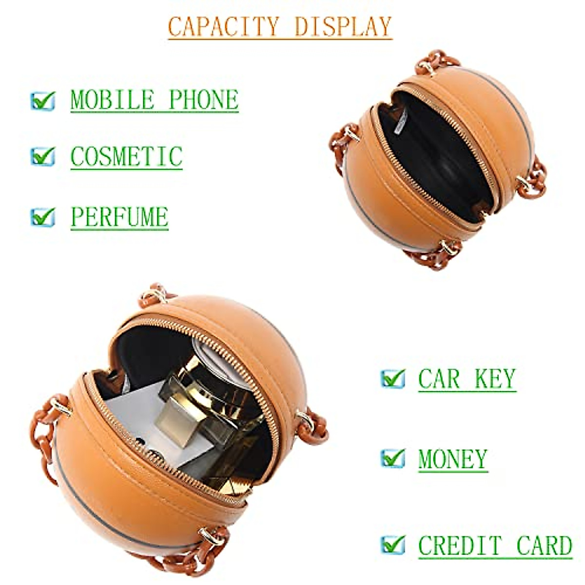 Obovoid Women's basketball bag Basketball-Shaped Crossbody Bag Handbag Girl Mini One-Shoulder PU Leather Round Handbag (Yellowish brown)