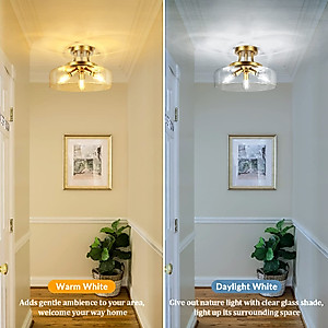 3-Light Gold Semi Flush Mount Ceiling Light Fixture, Modern Drum Glass Shade Ceiling Lamp for Living Room, Kitchen, Bedroom, Hallway, Bathroom, Laundry - E12 Socket, No Bulbs