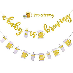 Set of 2 A Baby is Brewing Baby Shower Decorations Banner for Diaper Party Decor Gender Reveal Party Pregnancy Celebration Baby Brewing Sign with Beer Mug & Baby Bottle Design Pre-Strung