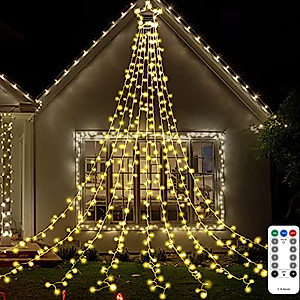 416 LEDs 8 Modes Outdoor Christmas Decorations Star Lights String, Star Lights Outdoor with 12" Lighted Topper Star with Remote Control Outdoor Party Seasonal Garden Patio Xmas Decor Warm