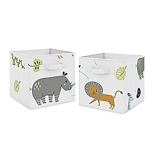 Sweet Jojo Designs Safari Animals Foldable Fabric Storage Cube Bins Boxes Organizer Toys Kids Baby Childrens - Set of 2 - Turquoise and Navy Blue Mod Jungle Lion Monkey Giraffe