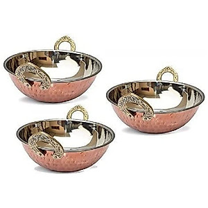 Nexxa -Set of 4, Indian Copper Serveware Karahi Vegetable Dinner Bowl with Handle for Indian Food, Diameter 13 Cm Approx