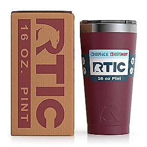 RTIC Pint 16 oz Insulated Tumbler Stainless Steel Metal Coffee, Frozen Cocktail, Drink, Tea Travel Cup with Lid, Spill Proof, Hot and Cold, Portable Thermal Mug for Car, Camping, Maroon