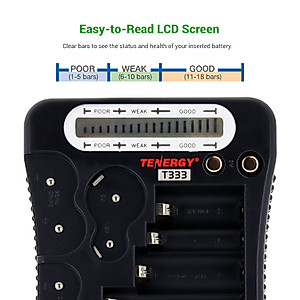 Tenergy T-333 Universal Battery Tester, LCD Display, Cell Checker, Multi-Purpose Small Battery Tester, for AA, AAA, C, D, 9V, CR123A, CR2, CRV3, 2CR5k CRP2, and Button Cell Batteries