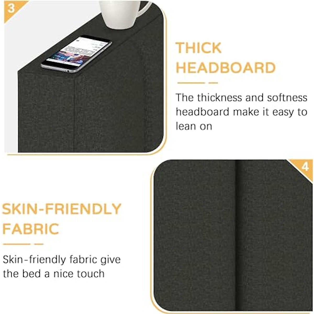 Queen Size Bed Frame with Adjustable Height Headboard, Upholstered Platform Bedframe with Wingback, Heavy-Duty Metal Frames with Solid Wooden Slats No Box Spring Needed, Dark Grey