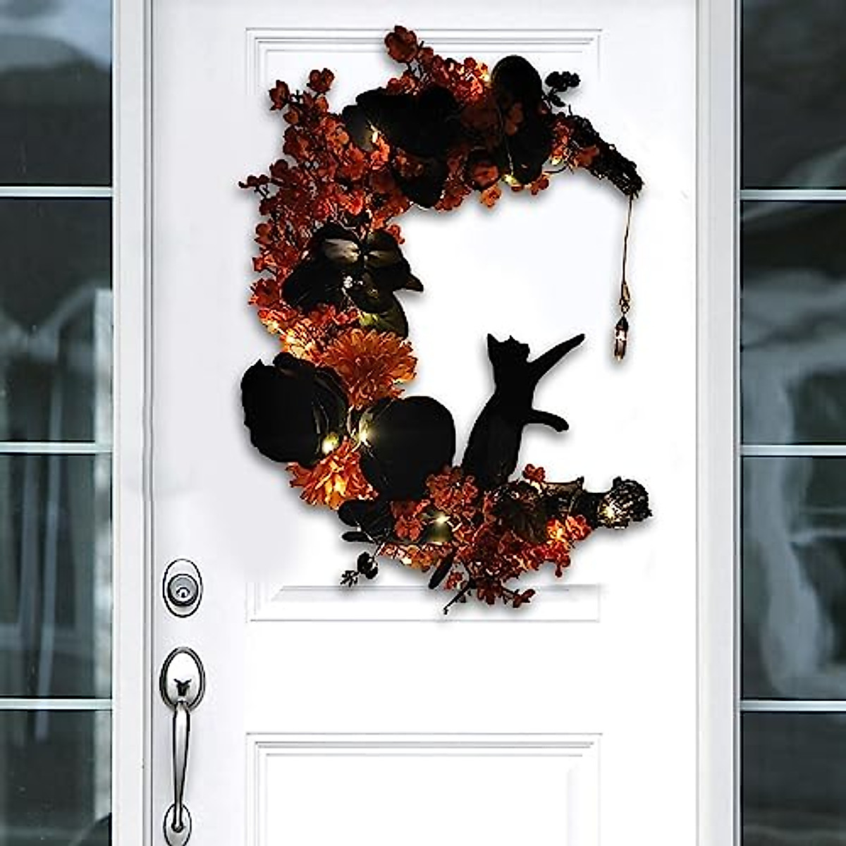 Pacoco Halloween Wreaths Decor with Lights for Front Door, 13.77" Halloween Moon Wreath with Black Cat Wood Wreath Halloween Wreath Horror Decorations for Home Party Window Wall Indoor Outdoor (03)