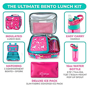 Bento Lunch Box with Insulated Bag, Water Bottle Ice Pack Set for Kids Toddlers, 5 Portion Sections, BPA Free Removable Tray, Pre-School Kid Toddler Daycare Lunches, Snack Container, Pink Unicorn