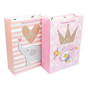 LDGOOAEL 16" Large Gift Bag with Tissue Paper for Baby Shower - 2 Pack (Baby Girl, Pink Elephant)