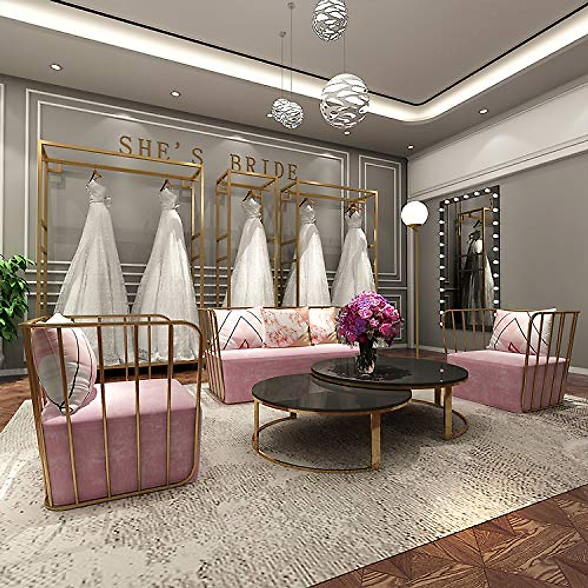 HOMEKAYT Gold Clothing Racks with Shelves, Weeding Dress Retail Clothes Rack,Freestanding Rack, Shoes Bags Clothes Organizer Garment Rack (59" L)