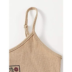 SOLY HUX Women's Spaghetti Strap Floral Sun Graphic Print Ribbed Knit Crop Cami Top Khaki M