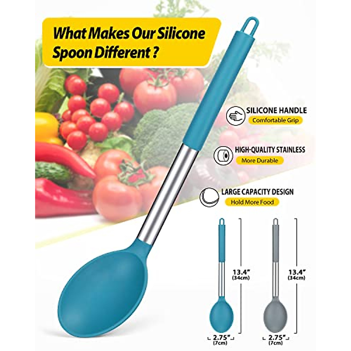 Pack of 2 Large Silicone Cooking Spoon Non Stick Solid Basting Spoons Heat-Resistant Kitchen Utensils for Mixing Serving (Gray-Blue)
