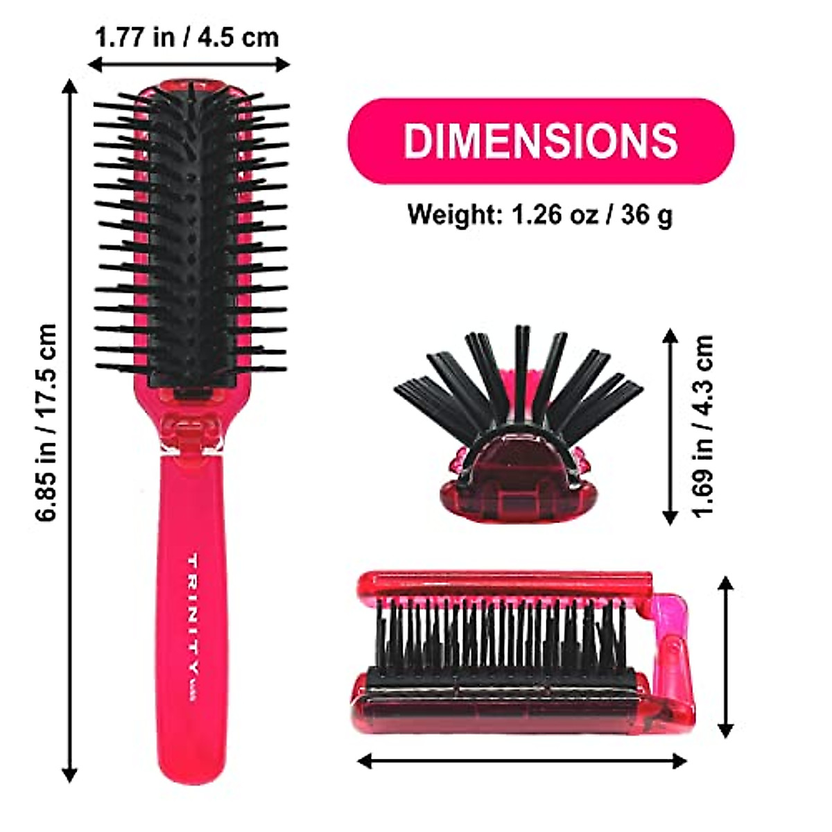 Trinity-Folding Hair Brush, Foldable Anti Static Hair Detangler Brush, Women Travel Size Hair Detangling Brush, Hair Styling Brush for Toiletry Bag Travel Purse Locker Gym