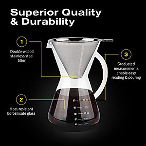 Bean Envy Pour Over Coffee Maker - 5 Cup Borosilicate Glass Carafe - Rust Resistant Stainless Steel Paperless Filter/Dripper - Includes Custom Silicone Sleeve