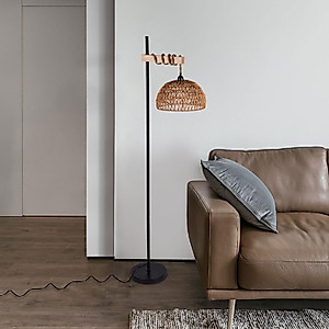 Boho Arc Floor Lamp with Remote, Rattan Farmhouse Standing Lamps with Dimmable LED Bulb, Modern Black Tall Lamp with Woven Shade for Living Room Office Bedroom, App Control, Height Adjustable