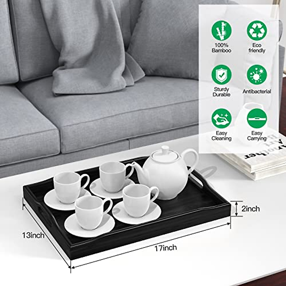 Pipishell Bamboo Serving Tray with Handles Rectangular Wooden Breakfast Tray, Serving Trays for Eating, Working, Storing, Used in Bedroom, Kitchen, Living Room, Bathroom, Hospital and Outdoors(Black)