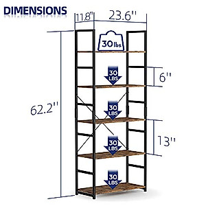NUMENN 5 Tier Bookshelf, Tall Bookcase Shelf Storage Organizer, Modern Book Shelf for Bedroom, Living Room and Home Office, Vintage