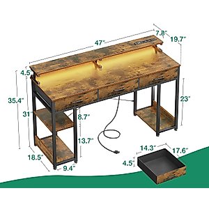 AODK 48 inch Computer Desk with 3 Drawers, Gaming Desk with LED Lights & Power Outlets, Home Office Desk with Storage Shelves & Monitor Stand, Modern Work Study Writing Table for Small Spaces, Vintage