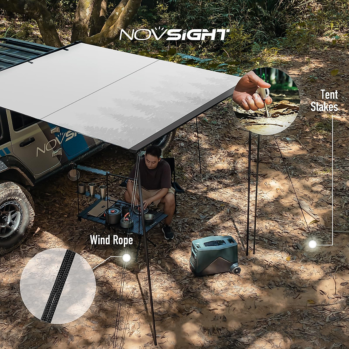 NOVSIGHT Vehicle Awning, Black Aluminium Rooftop Pullout Retractable Awning Side Awning for Jeep/SUV/Truck/Van, 6.6x8.2ft