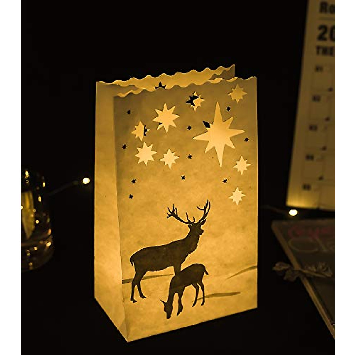 Homemory 24-Count Christmas Luminary Bags - Flame Resistant Tealight Candle Bags - Stars Elks Deer Luminaries for Thanksgiving, Christmas, Party Decoration