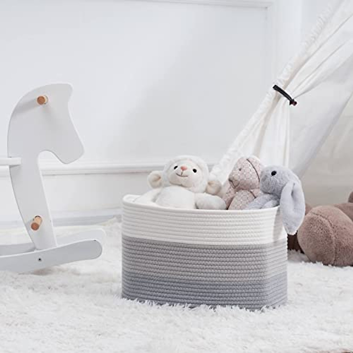 Goodpick Woven Rope Storage Basket, Soft Baby Nursery Storage Basket for Books, Toys, Towels, Magazines, Rectangle Shelf Basket for Bedroom, Closet, Living Room, 15 x 10 x 9 inches, Grey