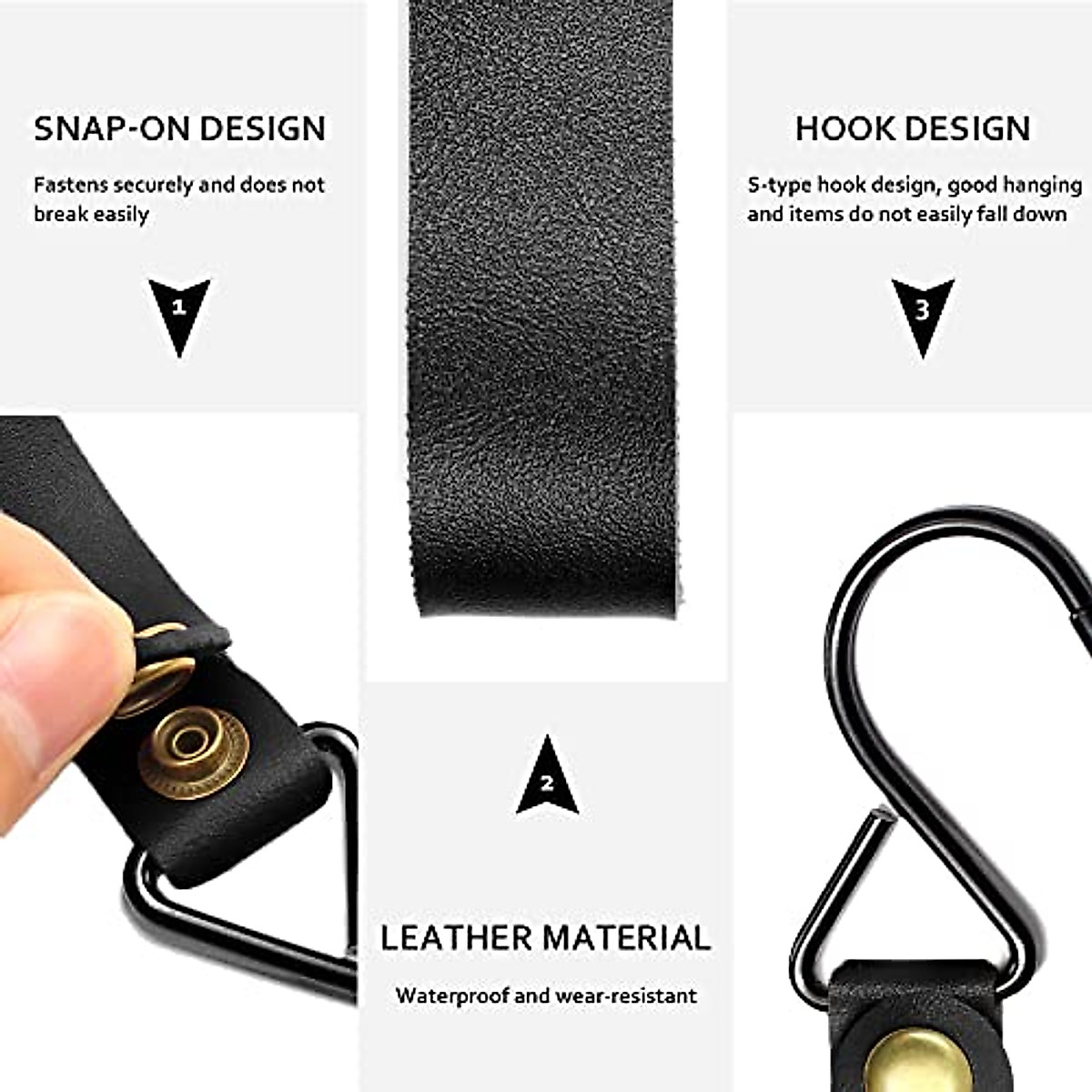 Modixun 8pcs Leather S-Hooks, Metal S Shaped Hooks for Hanging, Camping Hook Hanger Stroller Hooks, Leather Hooks for Coat Towel Kitchen Bathroom, Black