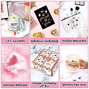 Levfla Graduation Gifts Set, Congratulations Present Box for Her Girl Women College Student with Pre-Packed Wine Glass Grad Cap Bath Bomb Makeup Bag Candle Card Rose Gold