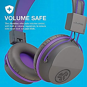 JLab Audio JBuddies Studio Bluetooth On-Ear Kids Headphones | 13 Hour Battery Life | Studio Volume Safe | Volume Limiter | Folding | Adjustable | Noise Isolation | with Mic | Gray/Purple