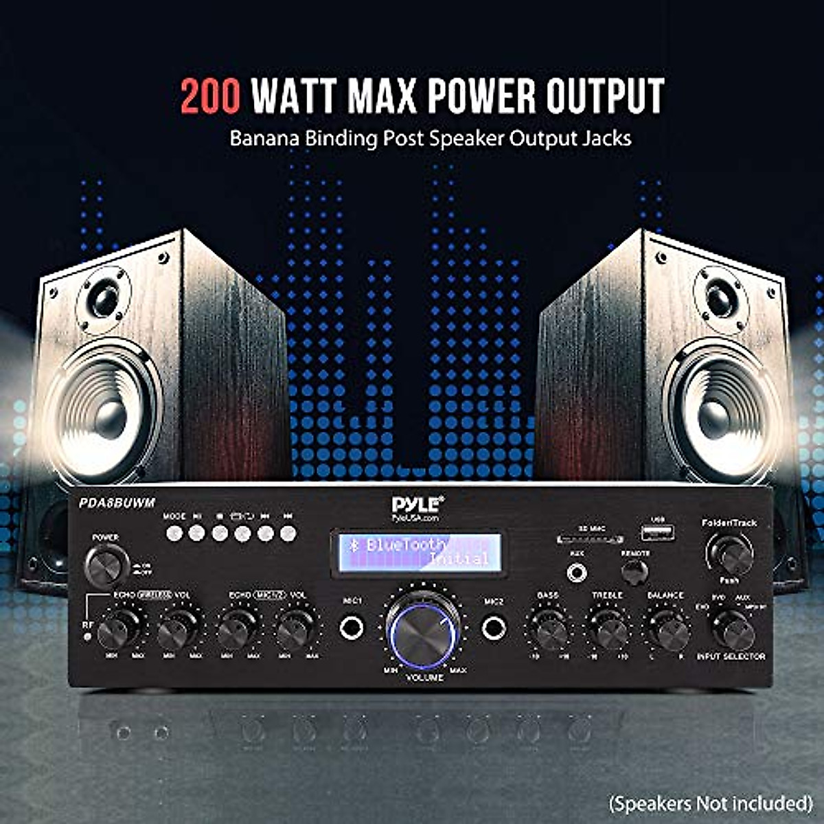 Pyle Wireless Microphone Power Amplifier System- 200W Dual Channel Sound Audio Stereo Karaoke Speaker Receiver w/USB, AUX, Microphone IN w/Echo, Radio, Home Theater via RCA, Studio Use - Pyle PDA8BUWM