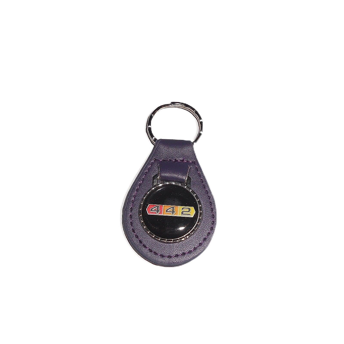 1965 1966 1967 1968 OLDS 442 4-4-2 TRI COLOR LOGO LEATHER KEYCHAIN - PURPLE