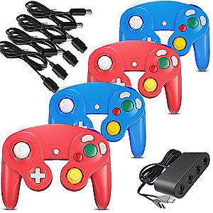 Edorco 4 Pack Gamecube Controller Bundle with 4 Extension Cords and a 4-Port Adapter for Nintendo Wii U/Switch/PC(Red and Blue)