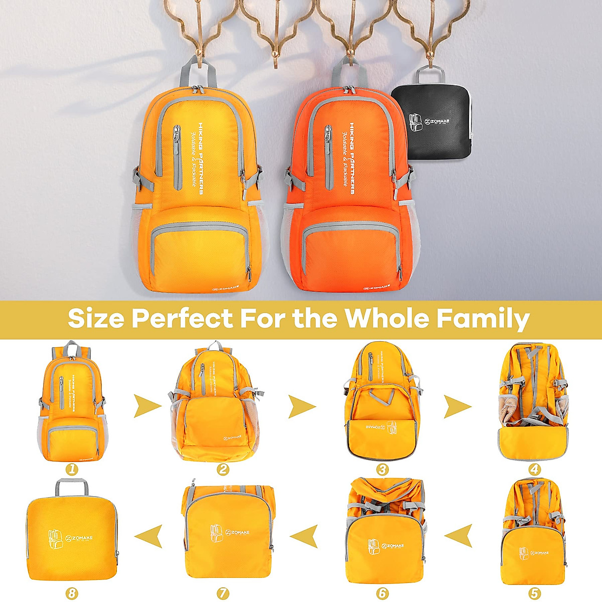 ZOMAKE Lightweight Packable Backpack - 35L Light Foldable Hiking Backpacks Water Resistant Collapsible Daypack for Travel(Yellow New)