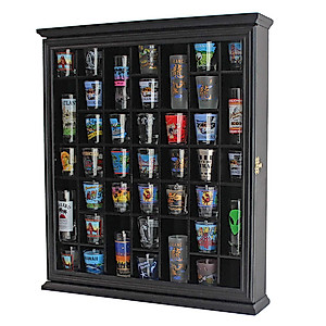 41 Shot Glass Display Case Holder Bar Collection Cabinet Wall Rack Shadow Box with Glass Door Black
