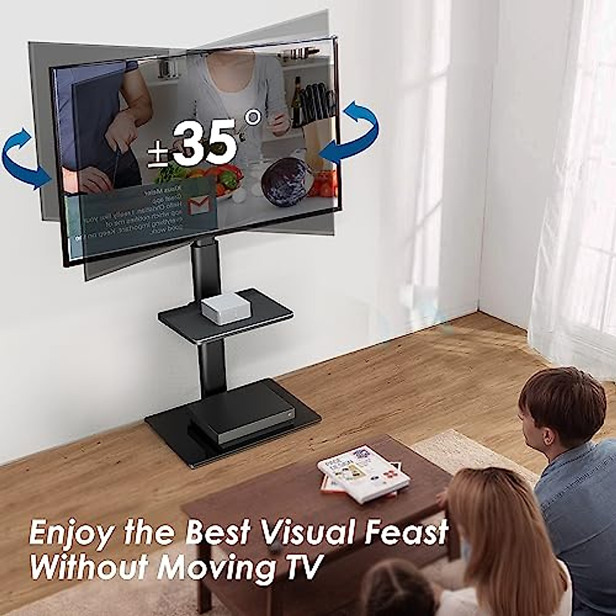 FITUEYES Universal TV Stand for 32 39 40 43 49 50 55 60 Inch TVs, TV Floor Stand with Swivel Mount, Max Holds 66lbs, Black Glass Base, Height Adjustable, Perfect for Corner & Bedroom
