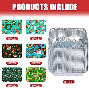 HABDJILTY 30 Christmas Tin Foil Containers with Lid Covers For Cookies Christmas Treat Foil Containers Aluminum Treat Exchange & Goody Party Leftovers for Holiday Festival Christmas